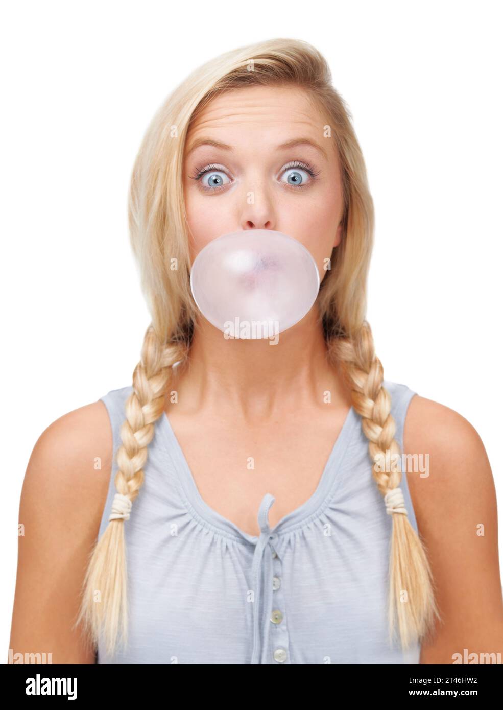 Woman, bubblegum and bubble portrait with surprise and shock from ...