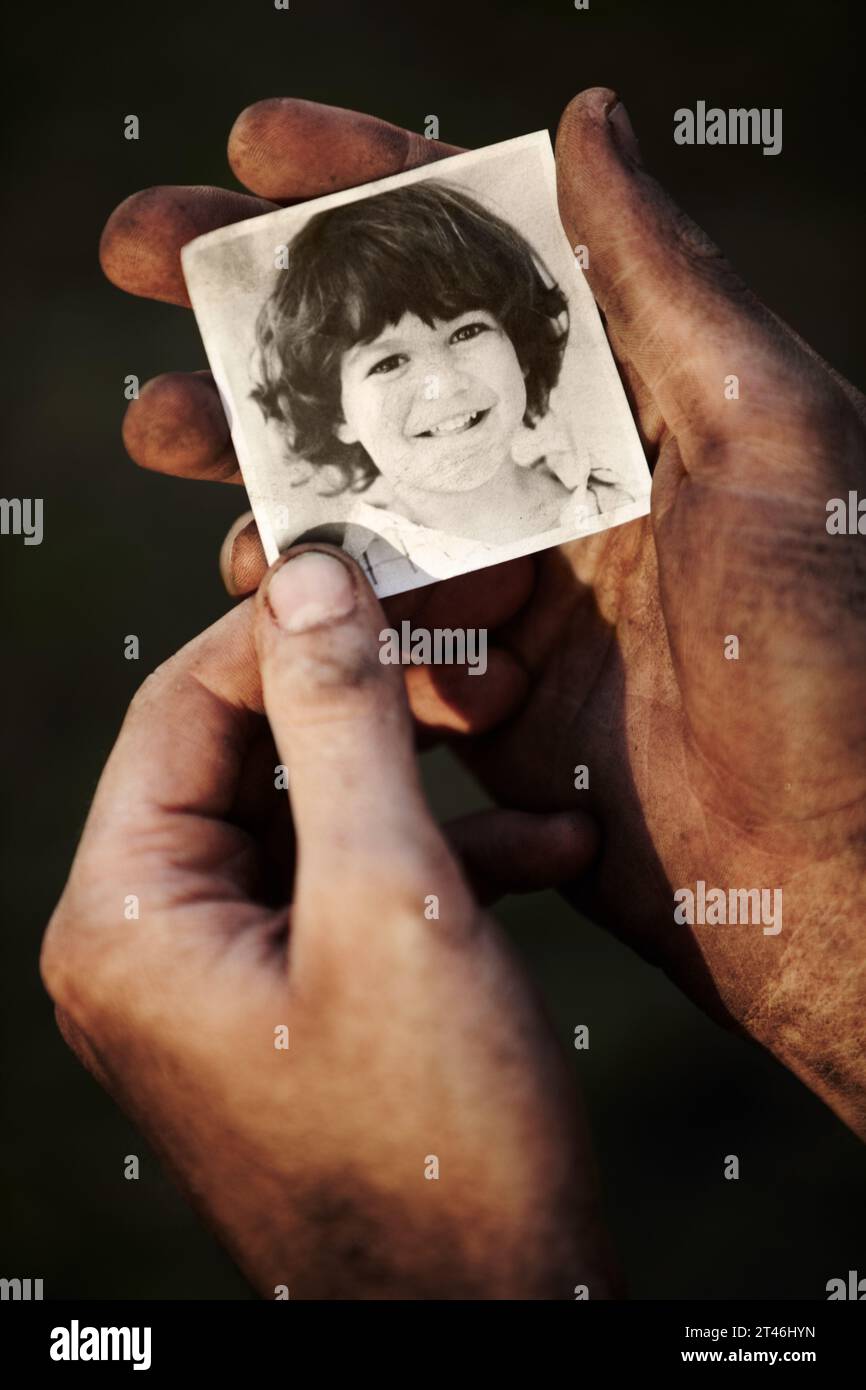 Hands, holding picture of kid and portrait, nostalgia or remember ...