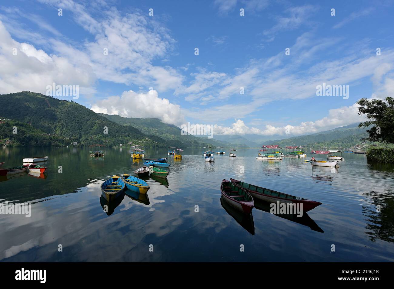 View of canoes on Phewa Lake, a freshwater lake in Nepal, and ...