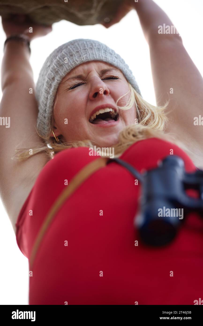 Woman, screaming and rock climbing fall or risk, mistake and scared of ...