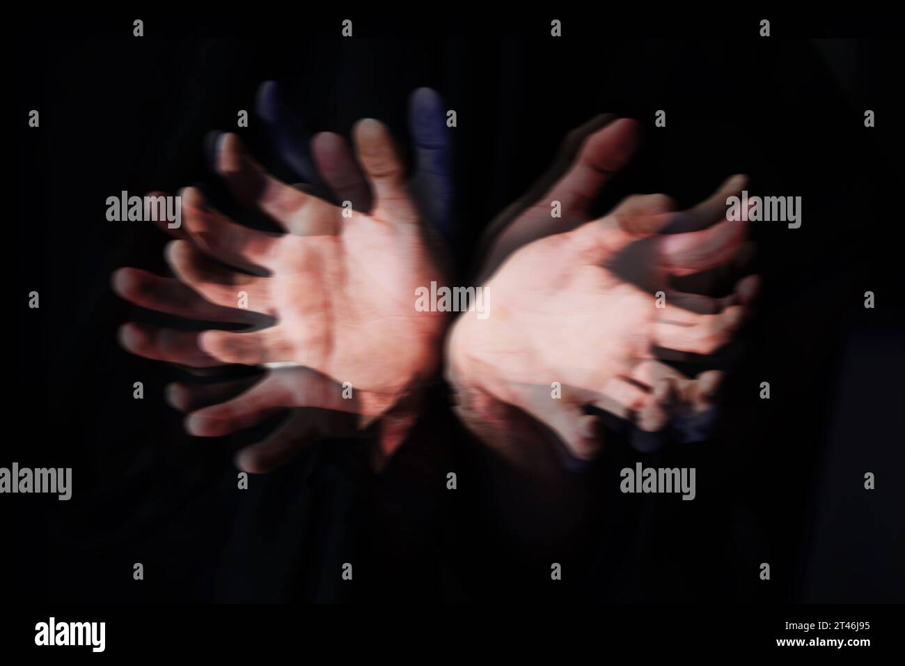 Blur, ghost hands on black background and closeup in studio isolated on ...