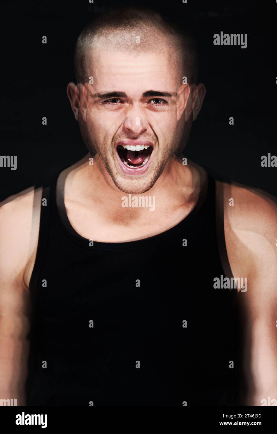 Stress, blur and portrait of screaming man in studio isolated on a ...