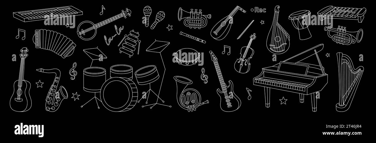 Musical instruments outline kit. Musical school set. Tuba, trumpet ...