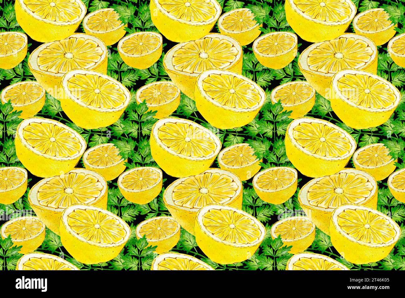 Lemon seamless pattern. Fruit background with lemon slices and herbs ...