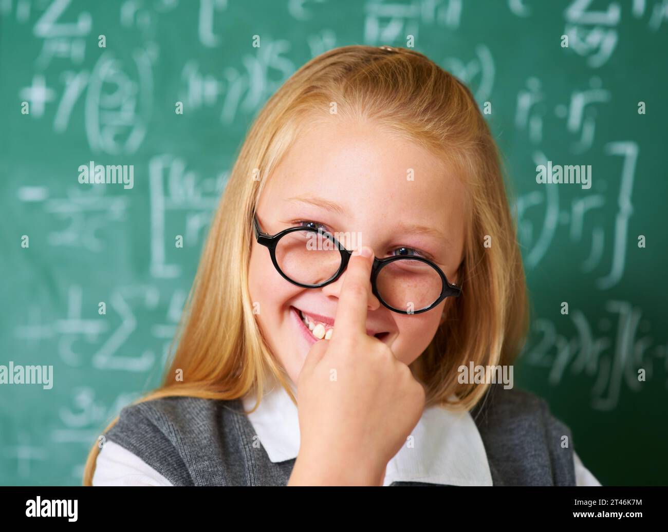 Girl child, student with glasses and chalkboard for learning, education ...