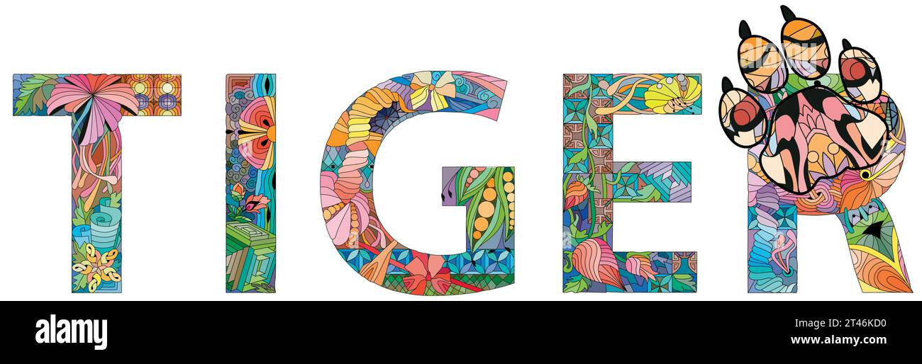 Hand-painted art design. Hand drawn illustration word tiger for t-shirt ...