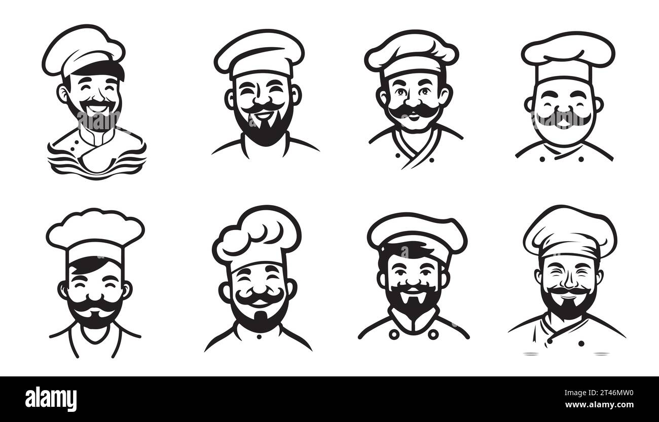 Chef cook head emblems set silhouette hand drawn. icons and signs ...