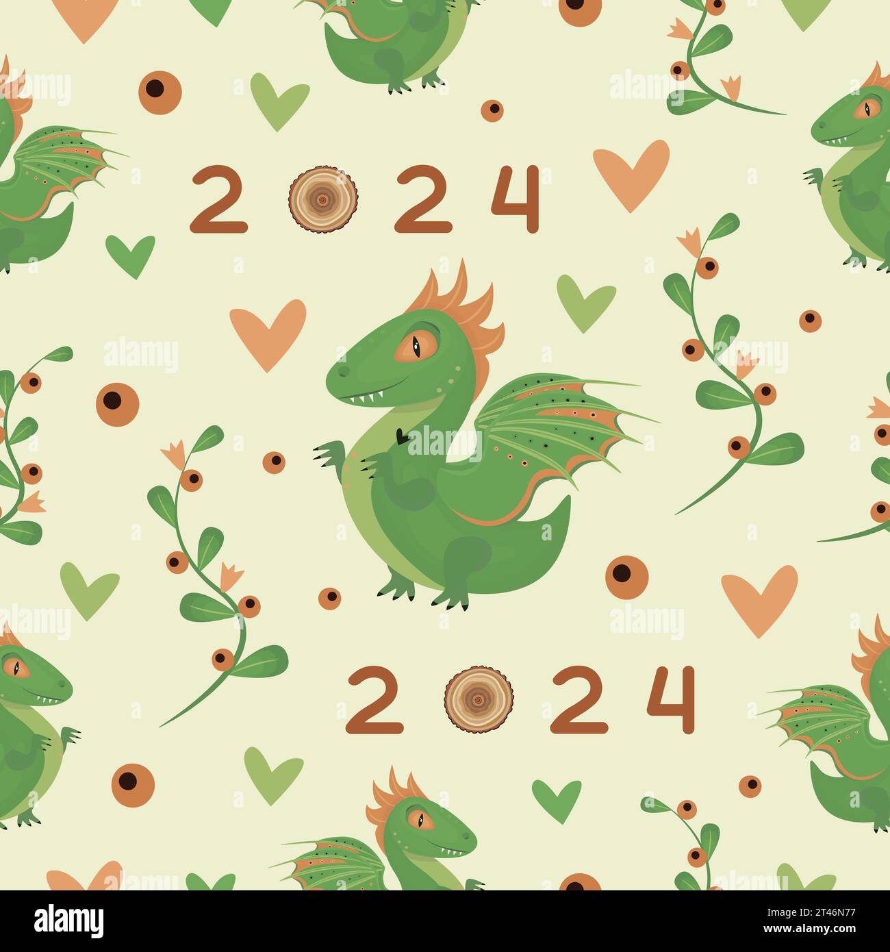 Cute seamless pattern of wood green dragon, color light vector ...
