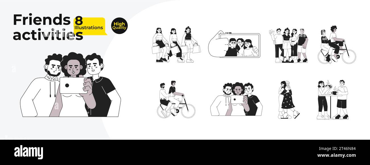 Friend weekend activities black and white cartoon flat illustration ...