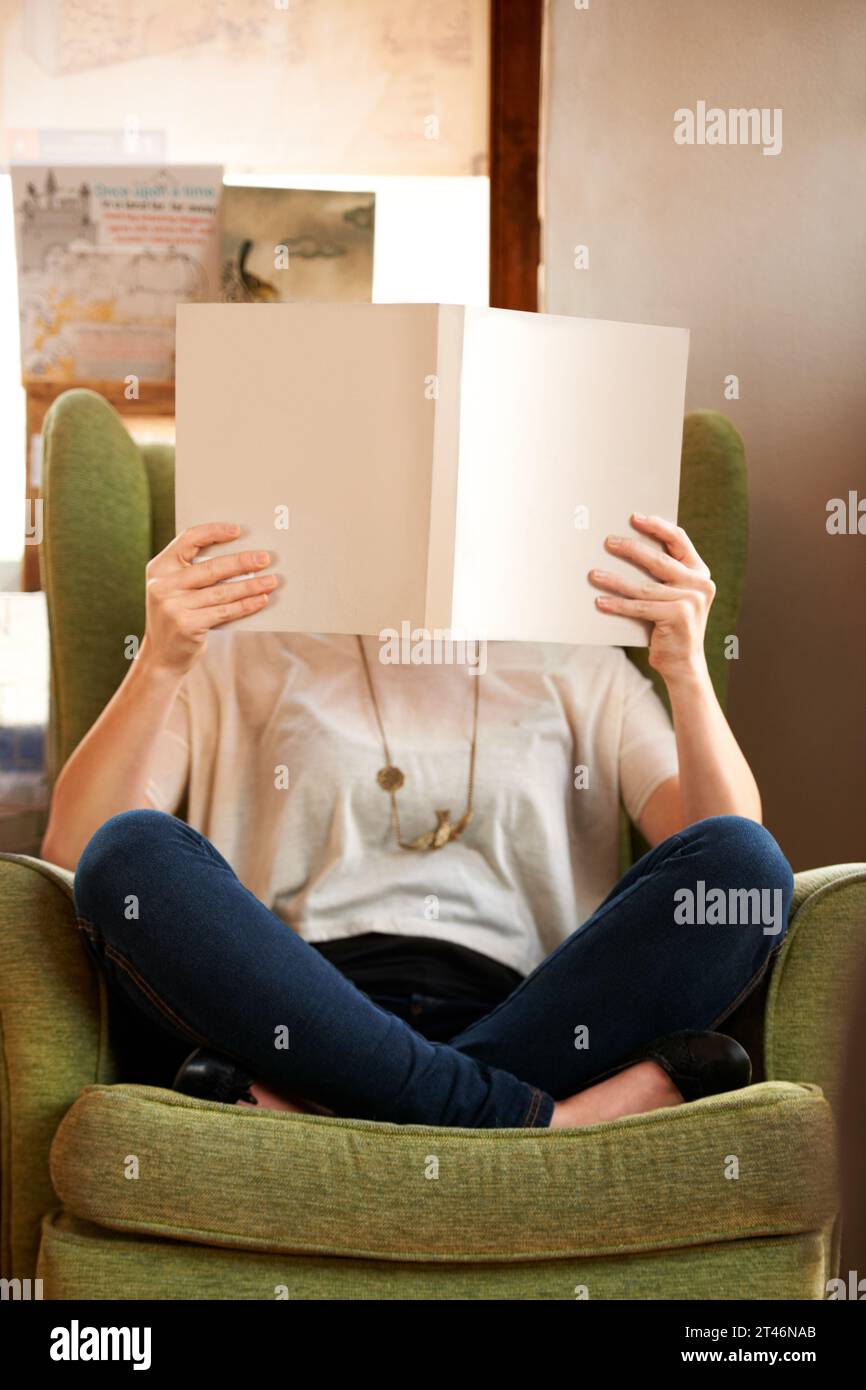 Person cover face with books in library, bookstore or shop for research ...
