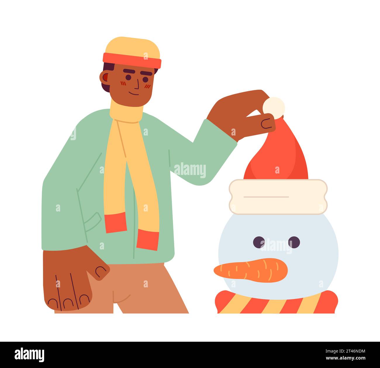 African american man decorating snowman Christmas 2D cartoon character ...