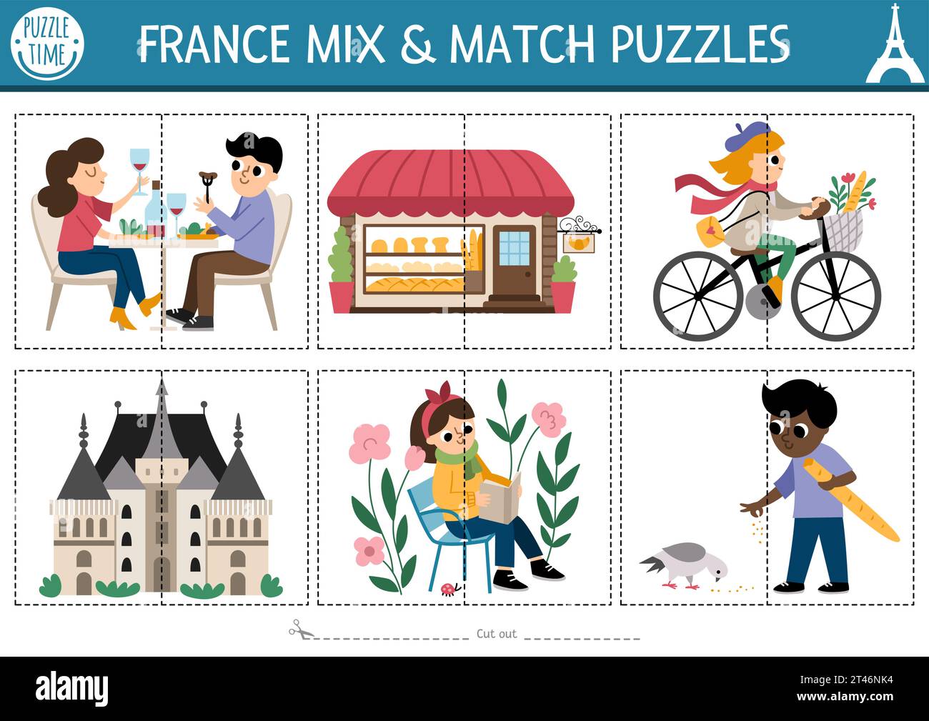 Vector France mix and match puzzle with cute characters, bakery, castle ...
