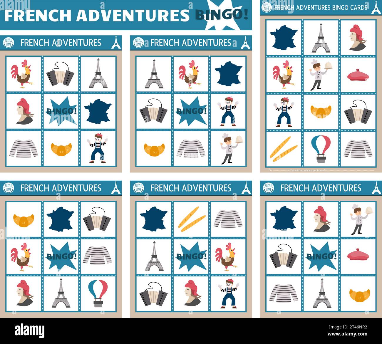 Vector French bingo cards set. Fun lotto board game with cute Eiffel ...