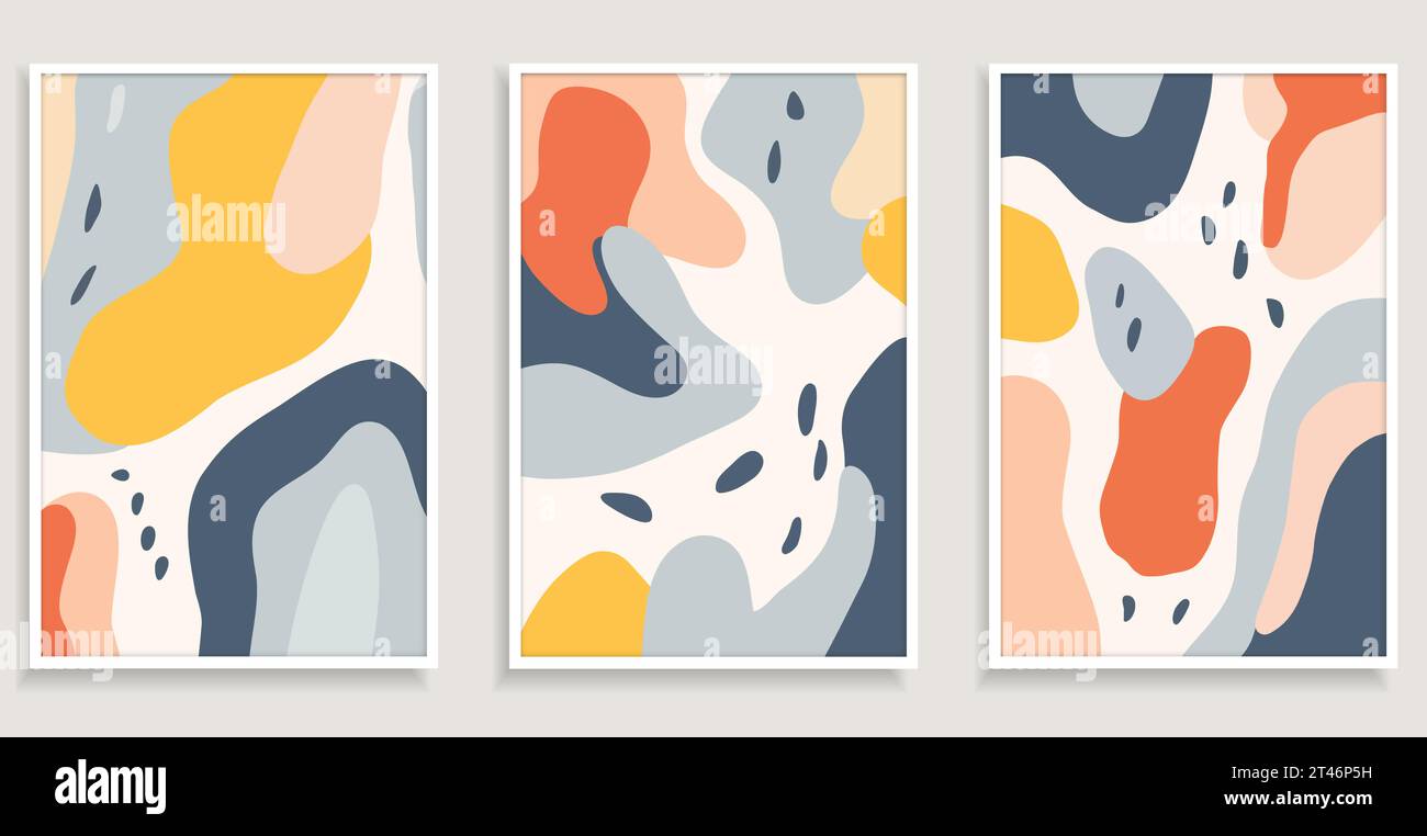A set of three hand drawn colorful abstract artwork panels in different ...