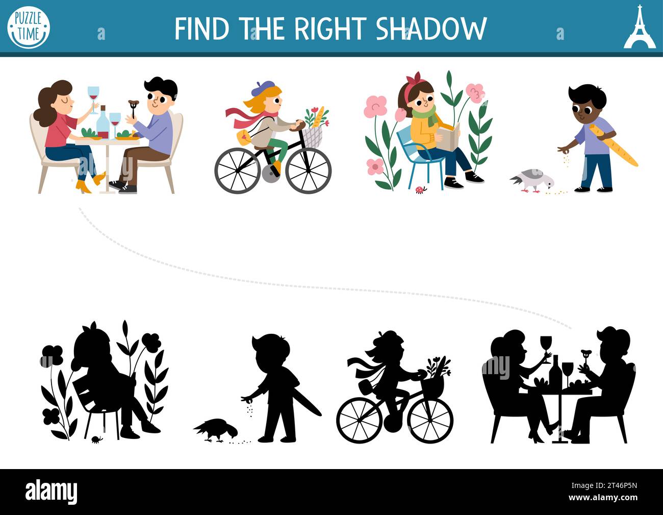 France shadow matching activity. Puzzle with French people. Find ...