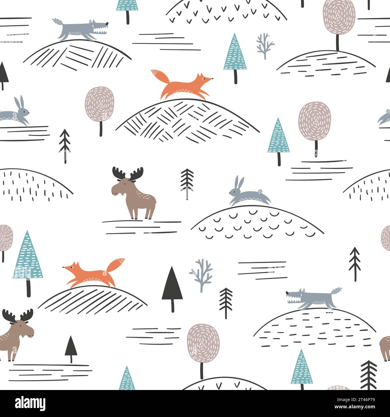 Seamless forest pattern with cute animals and trees. Vector childish ...