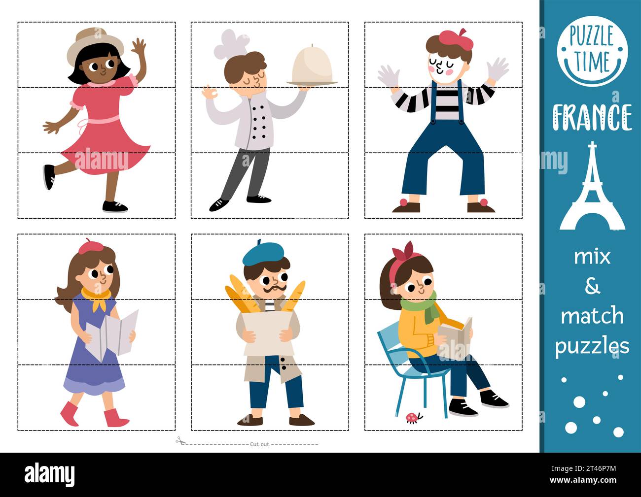Vector France mix and match puzzle with cute characters. Matching ...