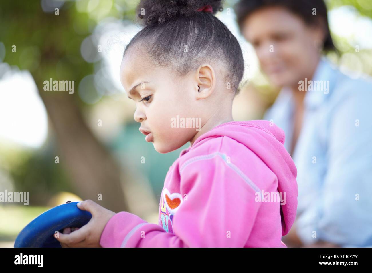 Girl child, bug and learning outdoor with teacher at kindergarten ...
