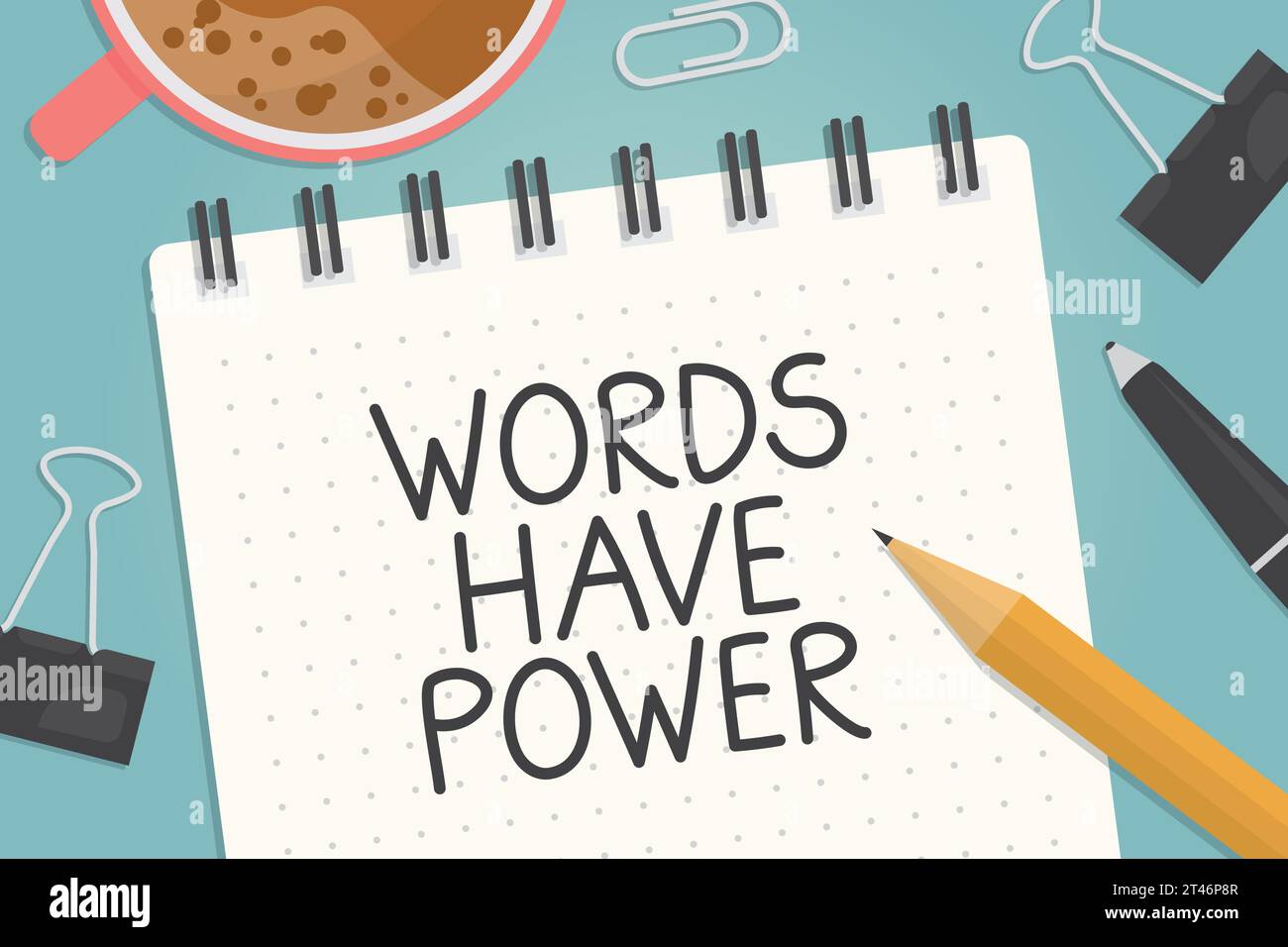 words have power text on a spiral notebook, flat lay composition ...