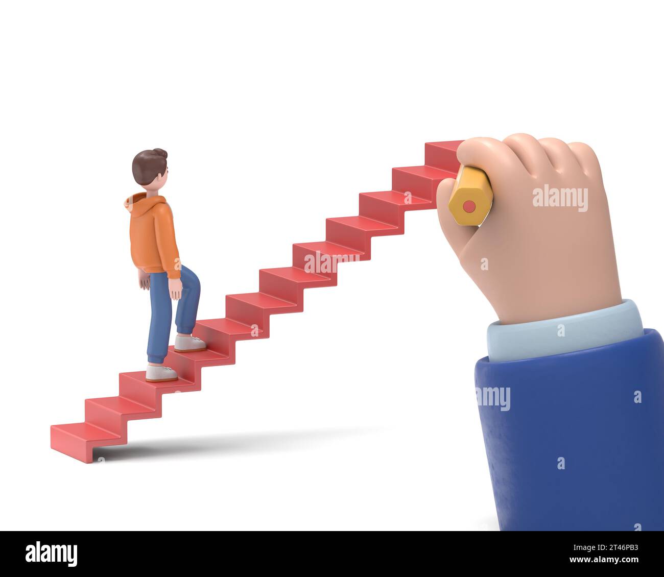 3D illustration of male guy Qadir is climbing career ladder. Human hand ...