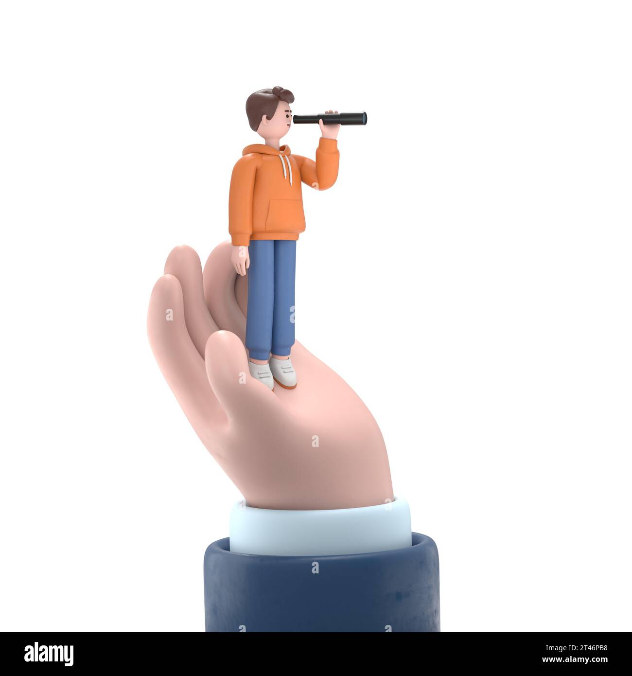 3D illustration of male guy Qadir looking in telescope, seeing future ...