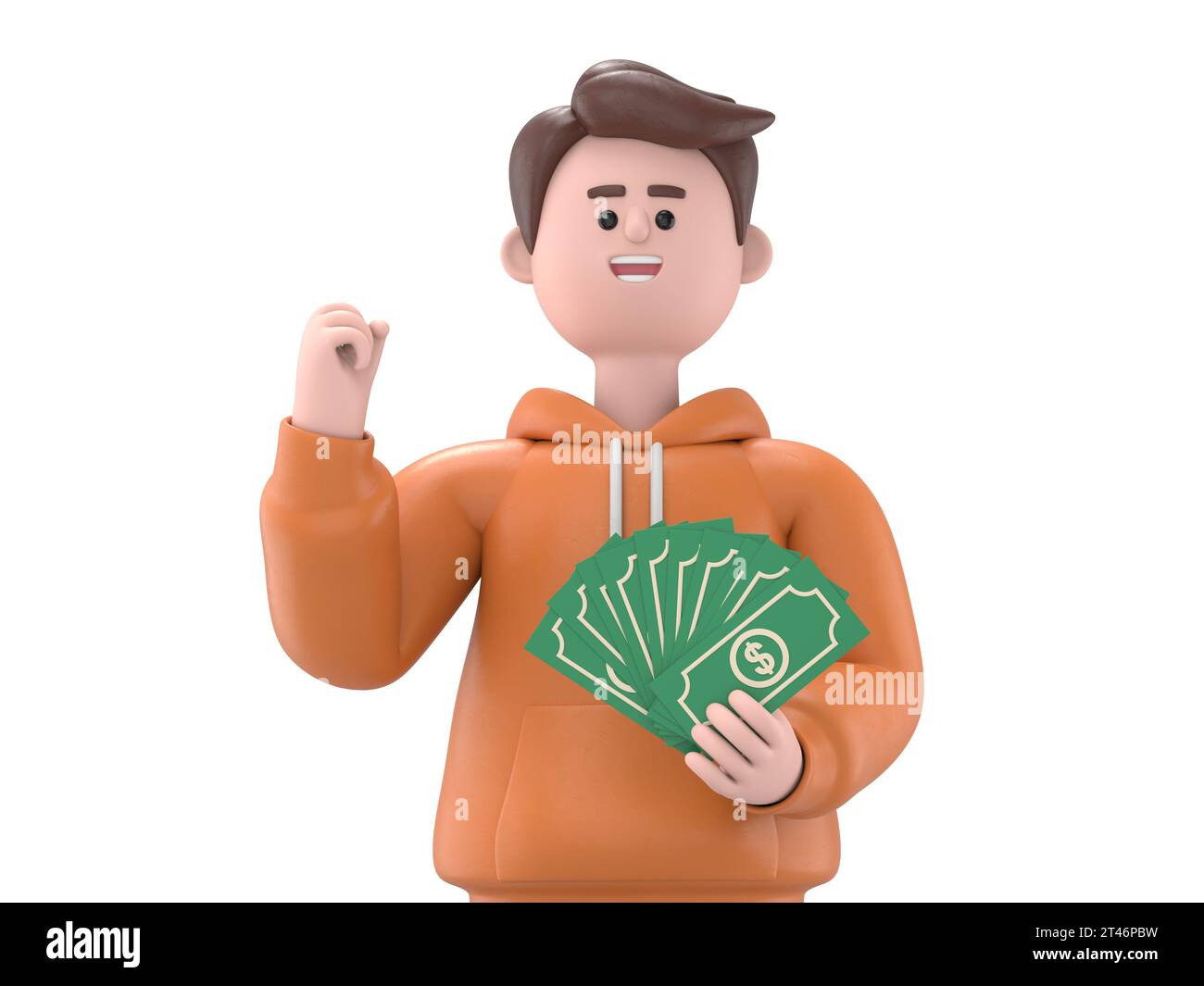 3D illustration of male guy Qadir hold fan cash money in dollar ...