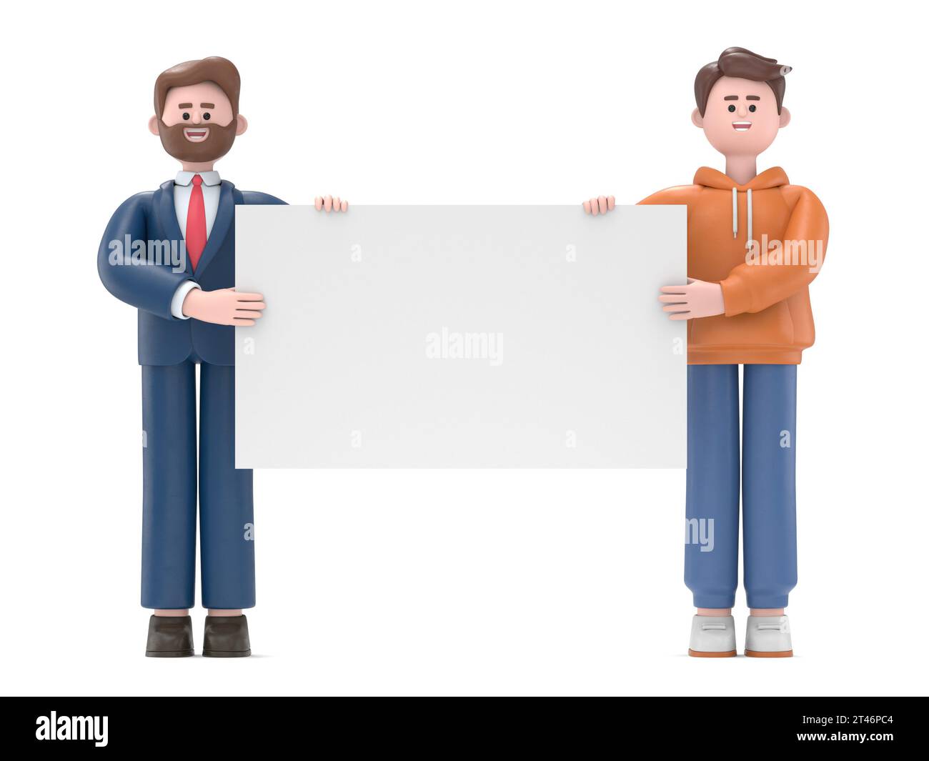 3D illustration of cartoon characters holding an empty white placard ...