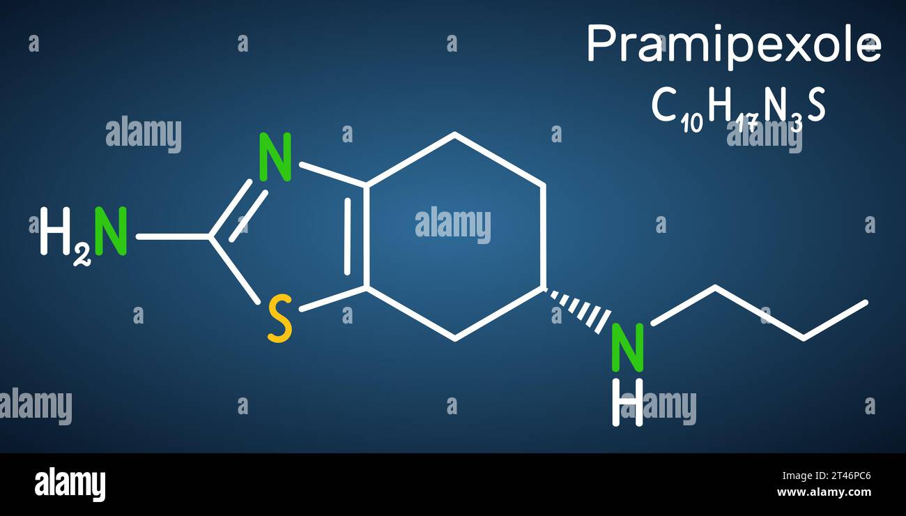 Pramipexole molecule. Structural chemical formula on the dark blue background Stock Vector Image ...