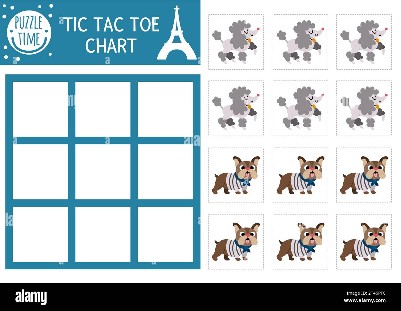 Vector France tic tac toe chart with poodle and bulldog. Board game ...
