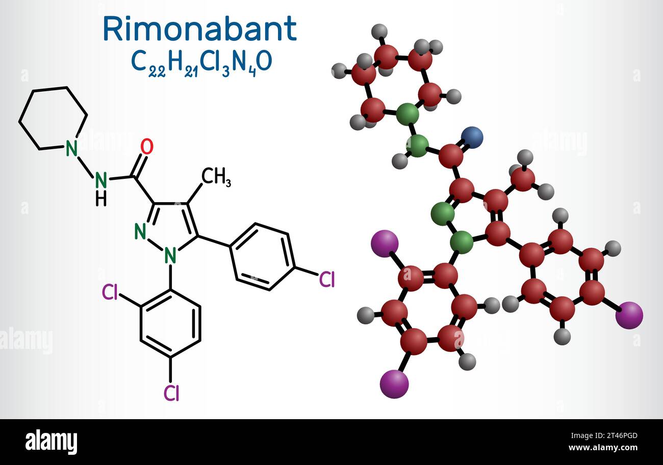 Rimonabant molecule. It is anorectic anti-obesity drug. Structural ...