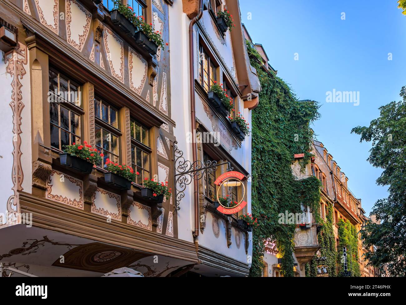 Strasbourg, France - May 31, 2023: Ornate facades of Alsatian winstub ...