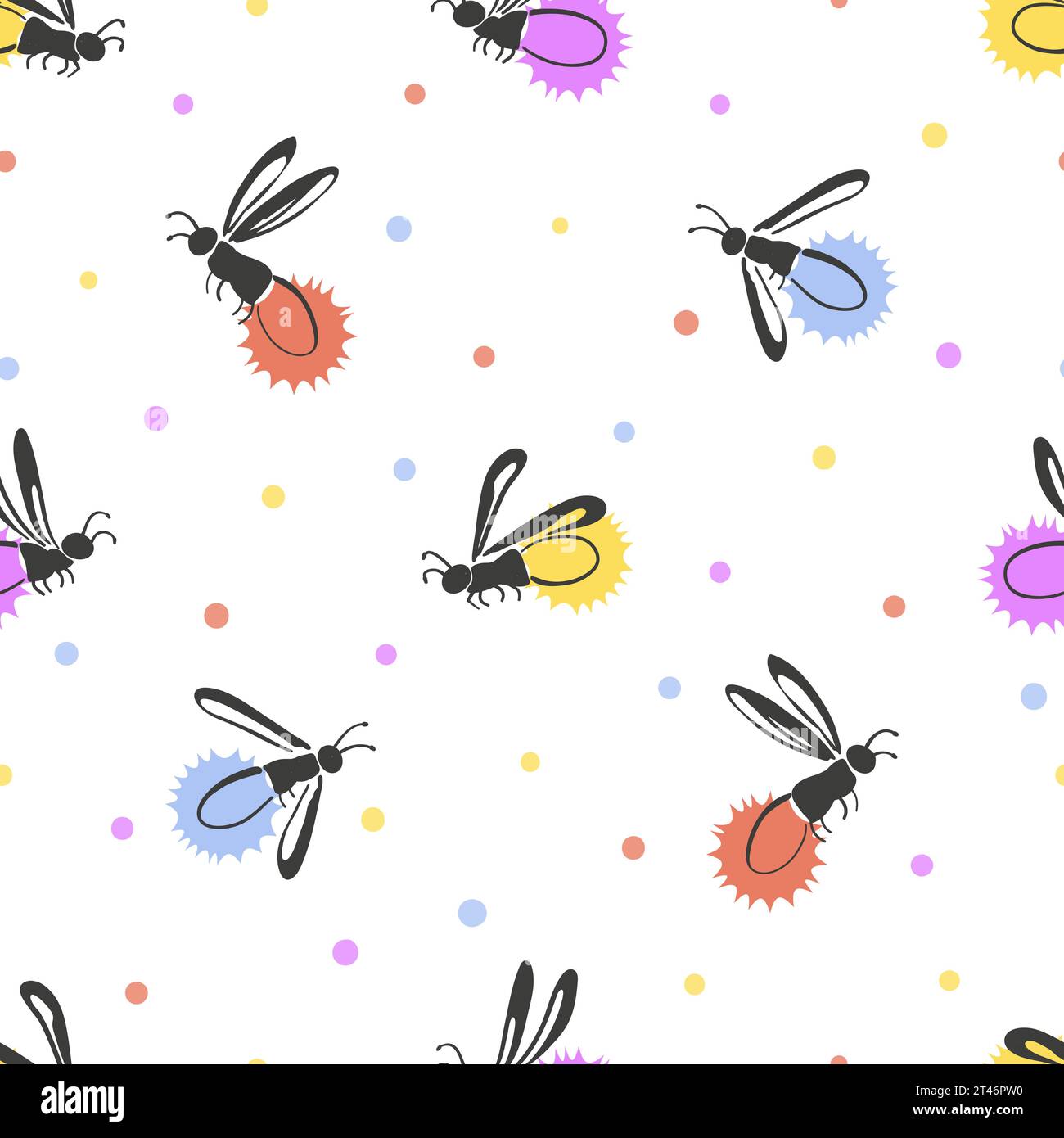 Seamless colorful firefly pattern. Vector childish illustration with glowworms. Baby print Stock ...