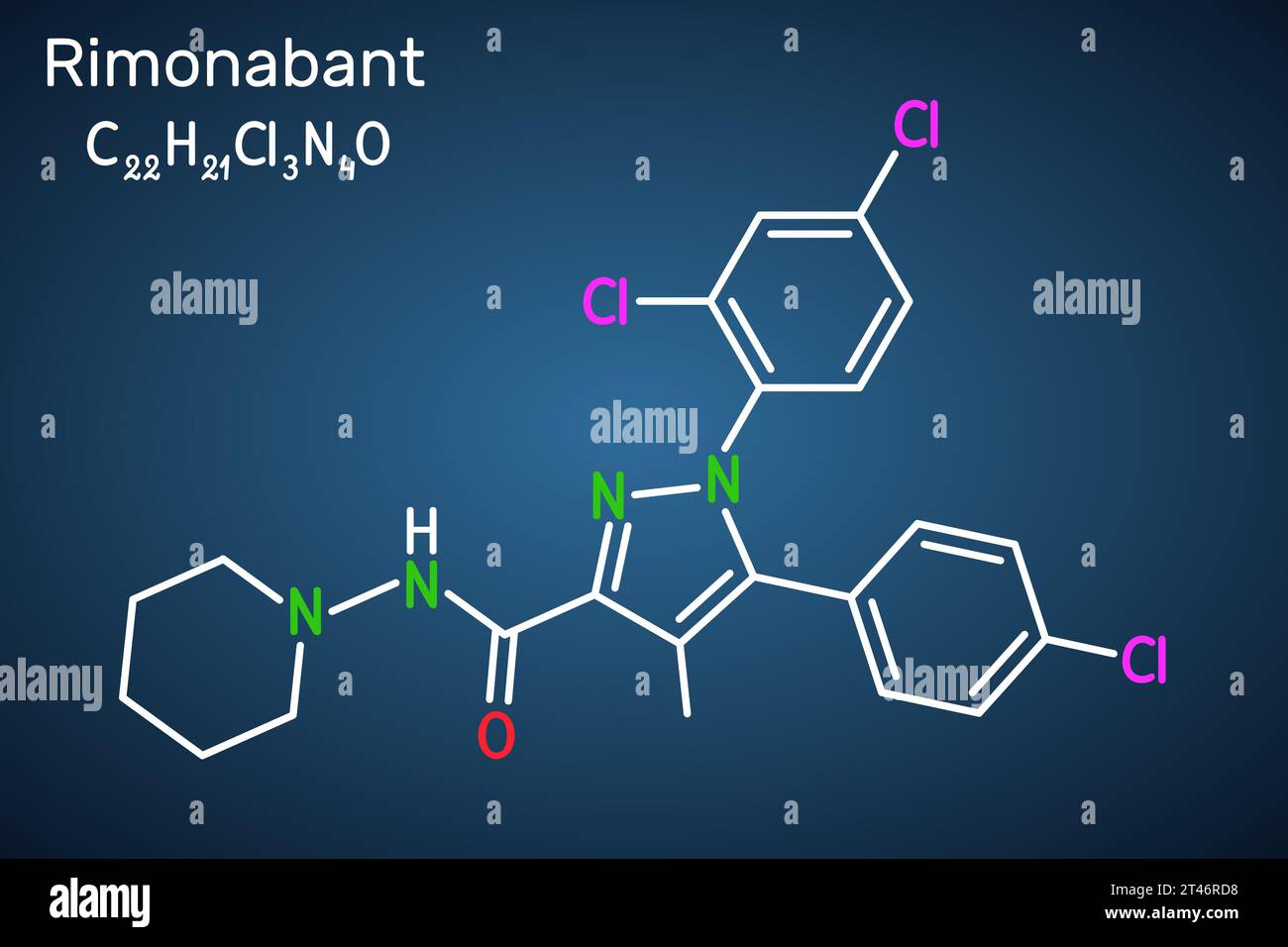Rimonabant molecule. It is anorectic anti-obesity drug. Structural ...