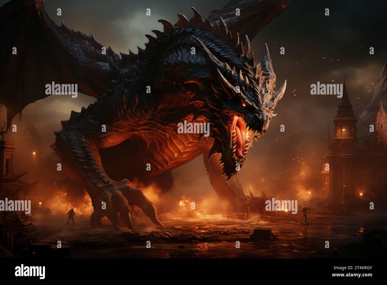 A menacing dragon poised aggressively in a combination of dark and ...