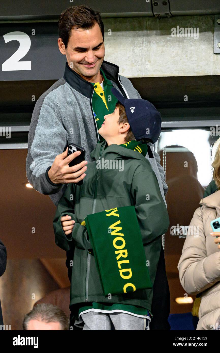 Paris, France. 28th Oct, 2023. Roger Federer and his son attend the ...