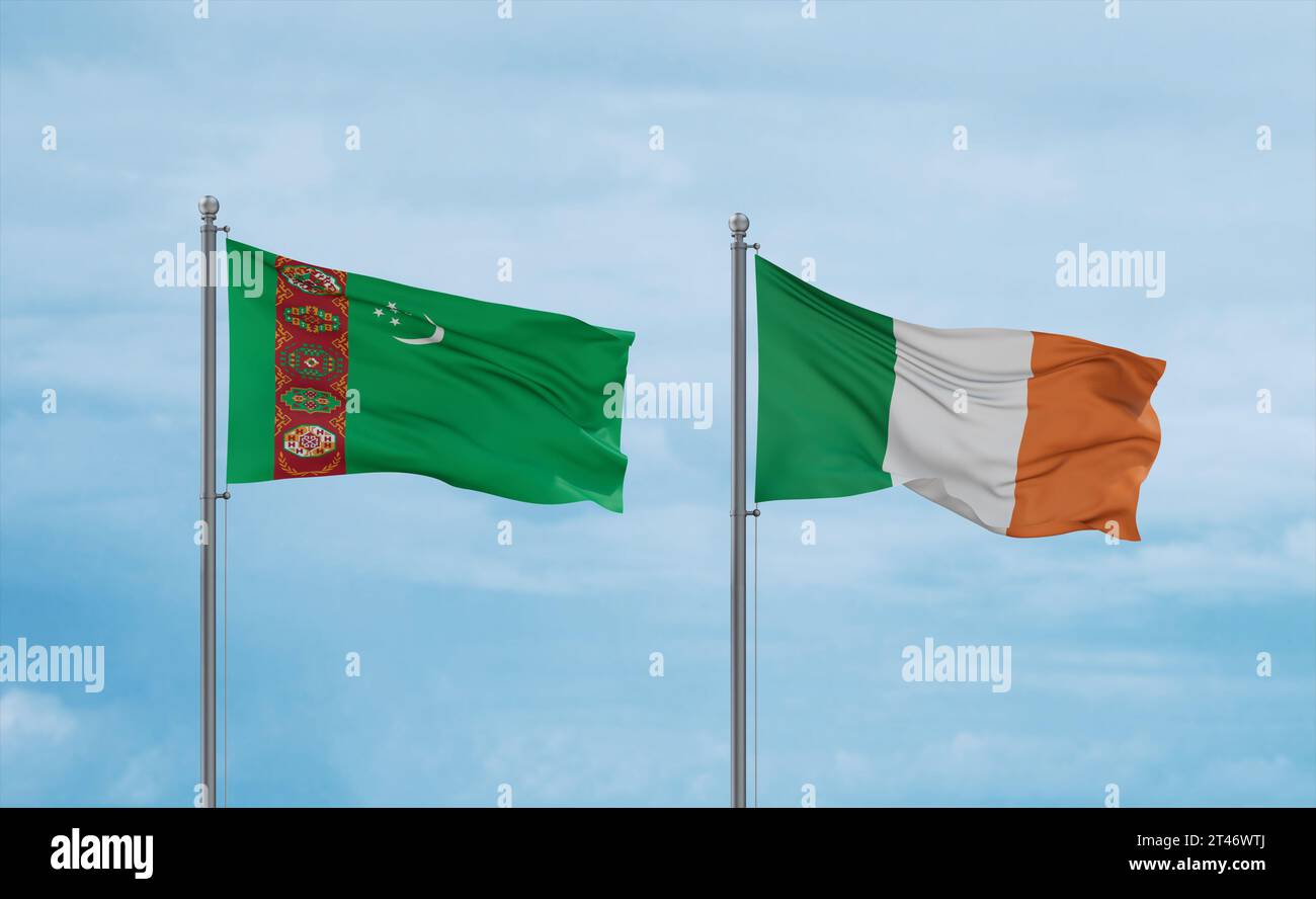 Ireland and Turkmenistan flags waving together in the wind on blue ...
