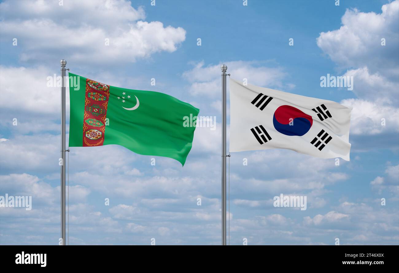 South Korea or Republic of Korea or ROK and Turkmenistan flags waving ...