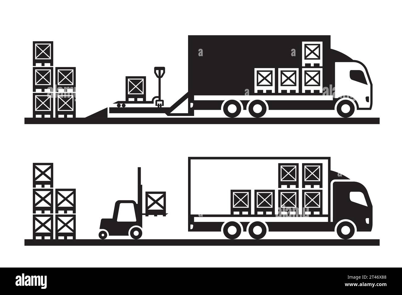 Loading goods by pallet truck and forklift - vector illustration Stock ...