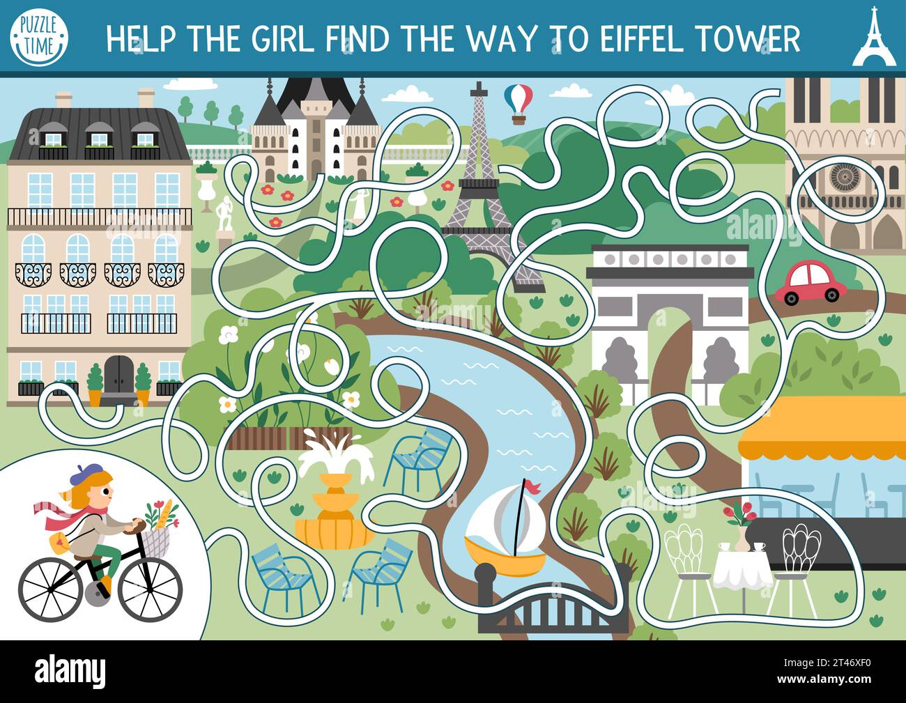 France maze for kids with Paris scene, woman riding bike through the ...
