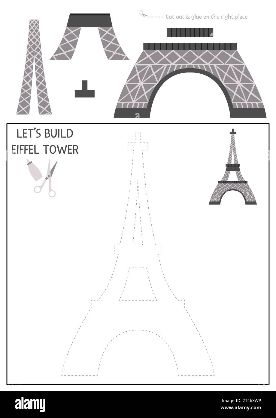 Vector France cut and glue activity. Crafting game with cute Paris city ...