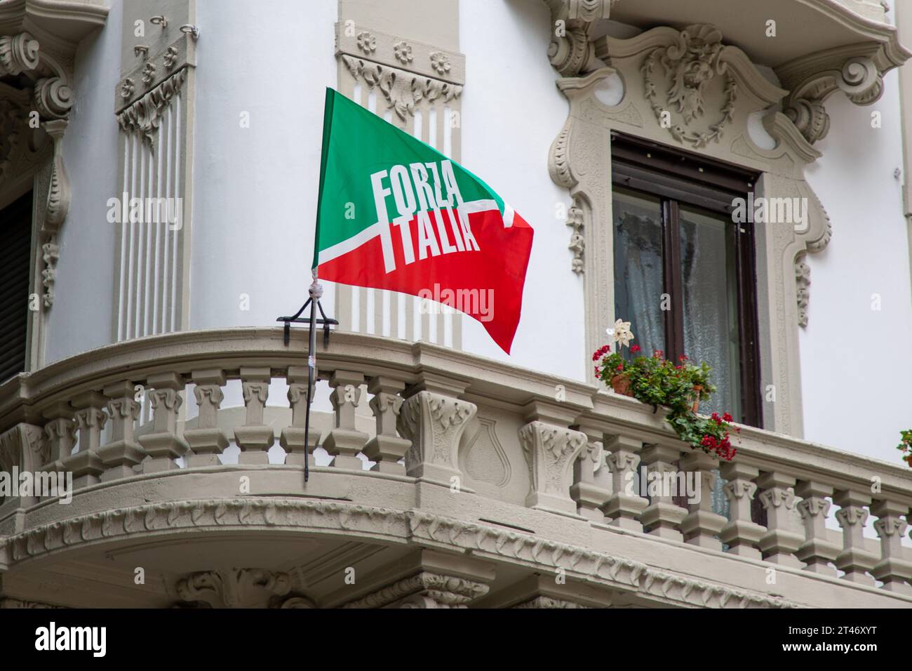 Milan, ITALY - 10 19 2023 : Forza Italia party flag logo brand and text ...