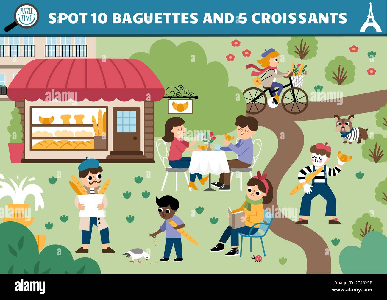 Vector French searching game with city landscape, bakery, people ...