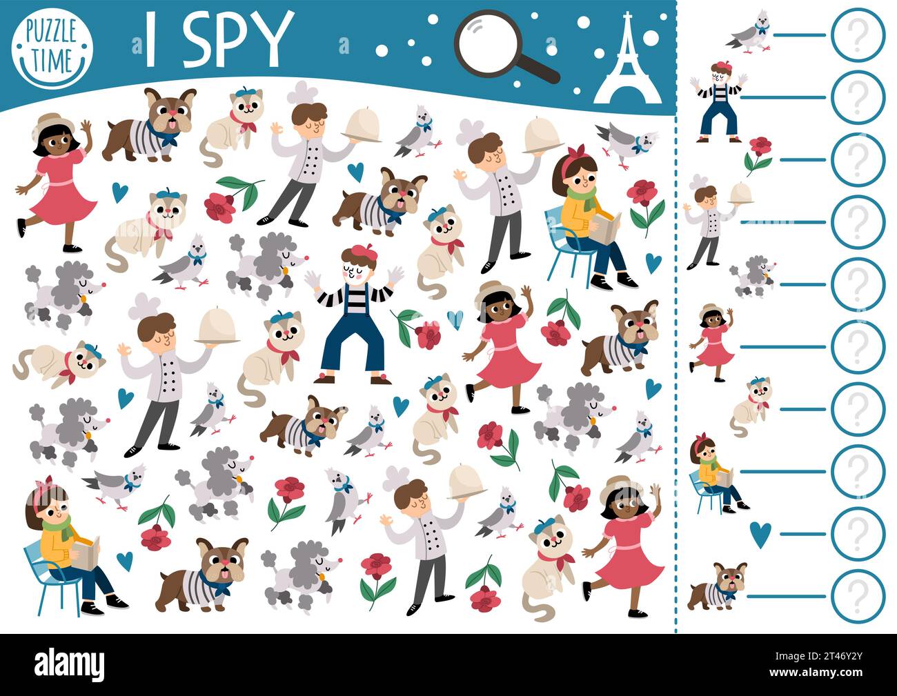 France I spy game for kids. Searching and counting activity with people ...