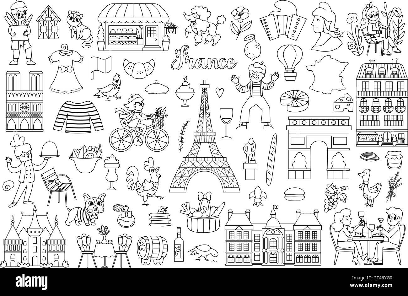 France symbols vector set. Big black and white collection with French ...