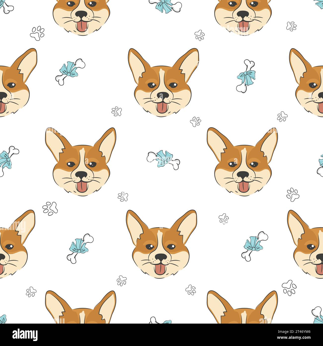 Seamless cartoon Corgi dog face pattern. Vector illustration Stock ...