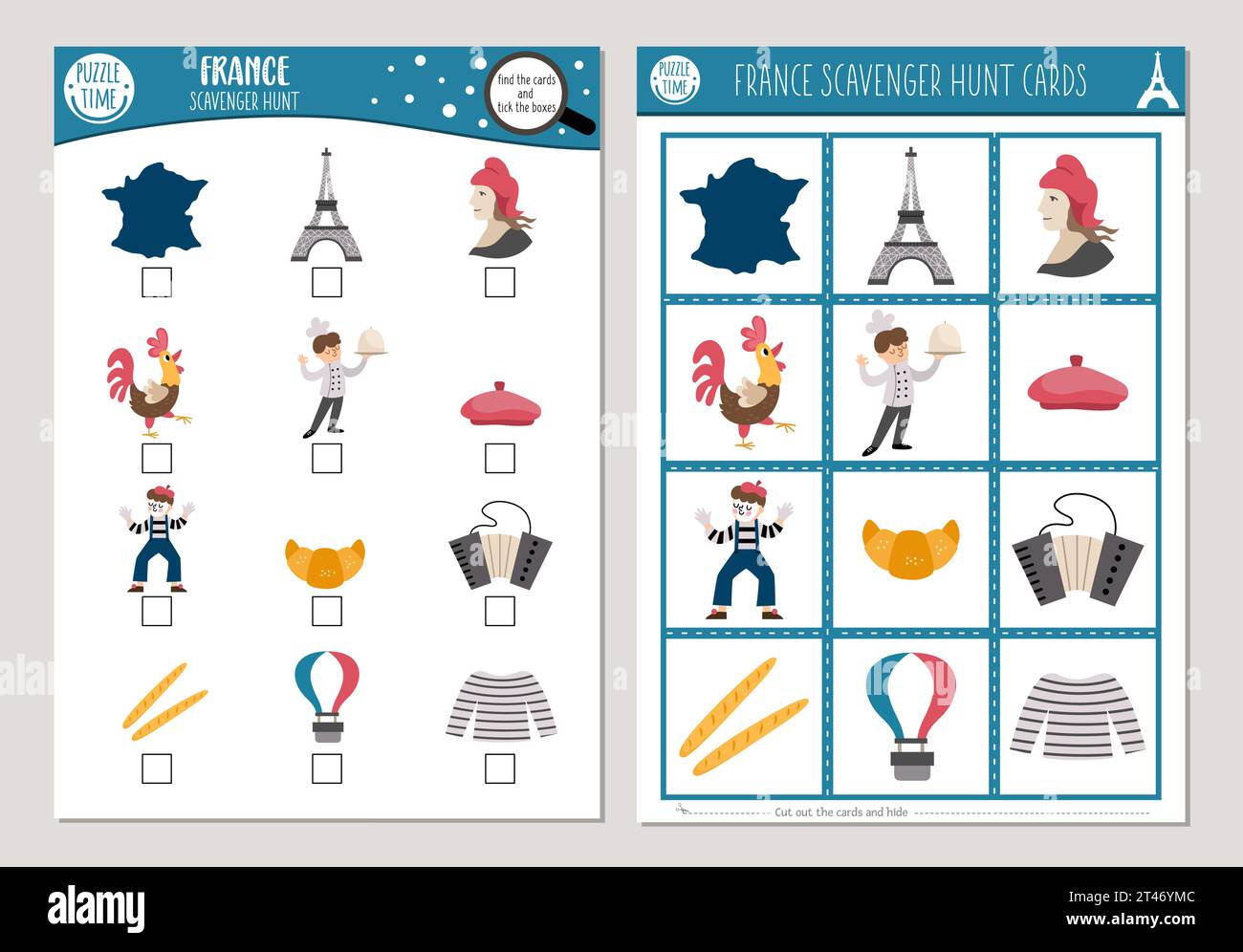 Vector French scavenger hunt cards set. Seek and find game with cute ... Vector French scavenger hunt cards set. Seek and find game with cute ...
