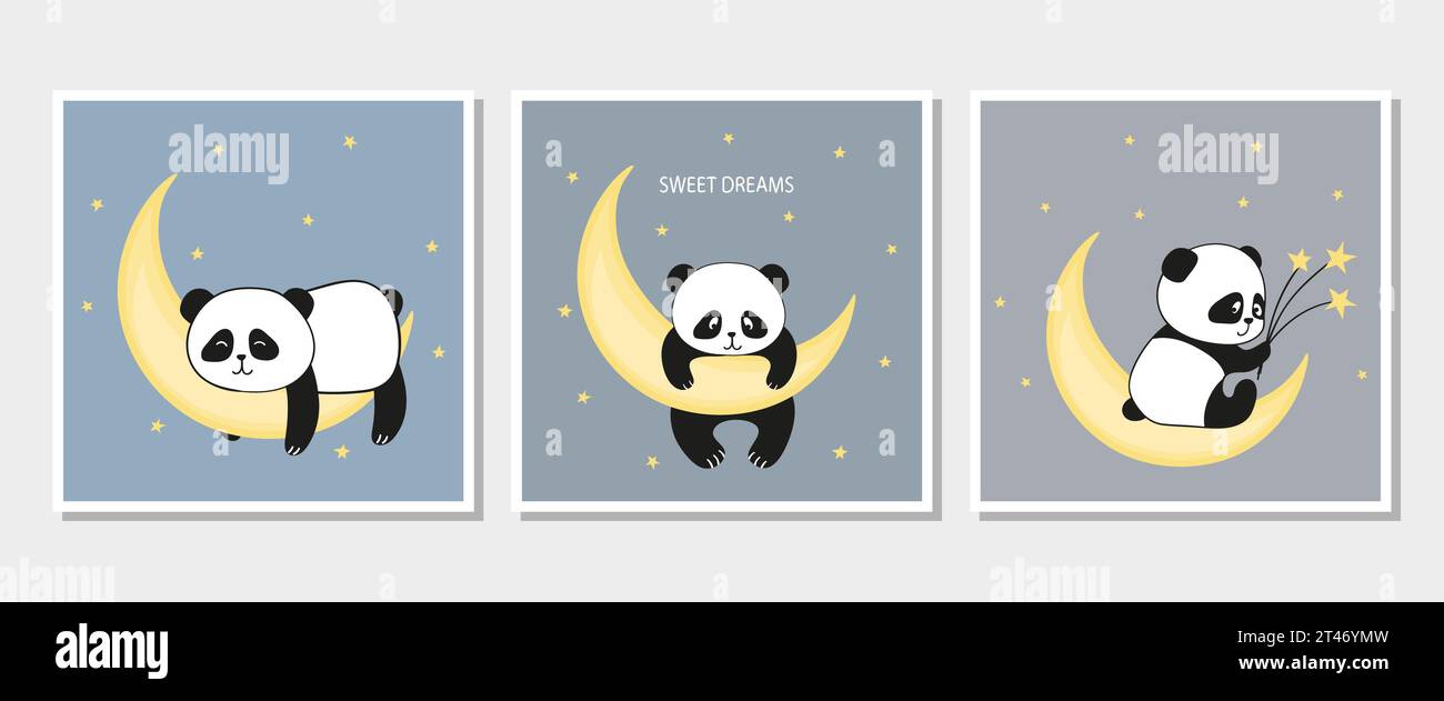 Set of cute panda bear posters. Baby print, vector illustration Stock ...