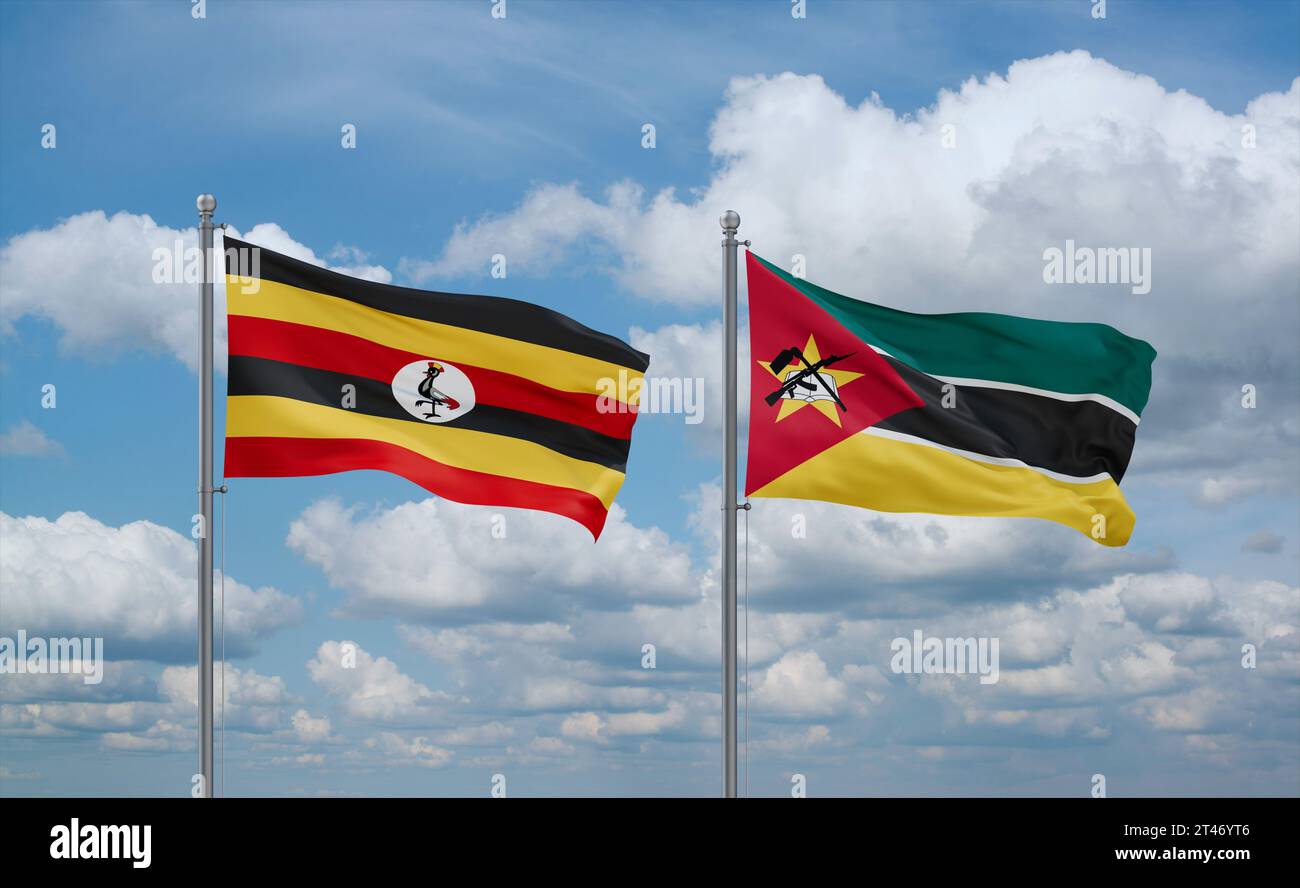 Mozambique and Uganda flags waving together in the wind on blue cloudy ...