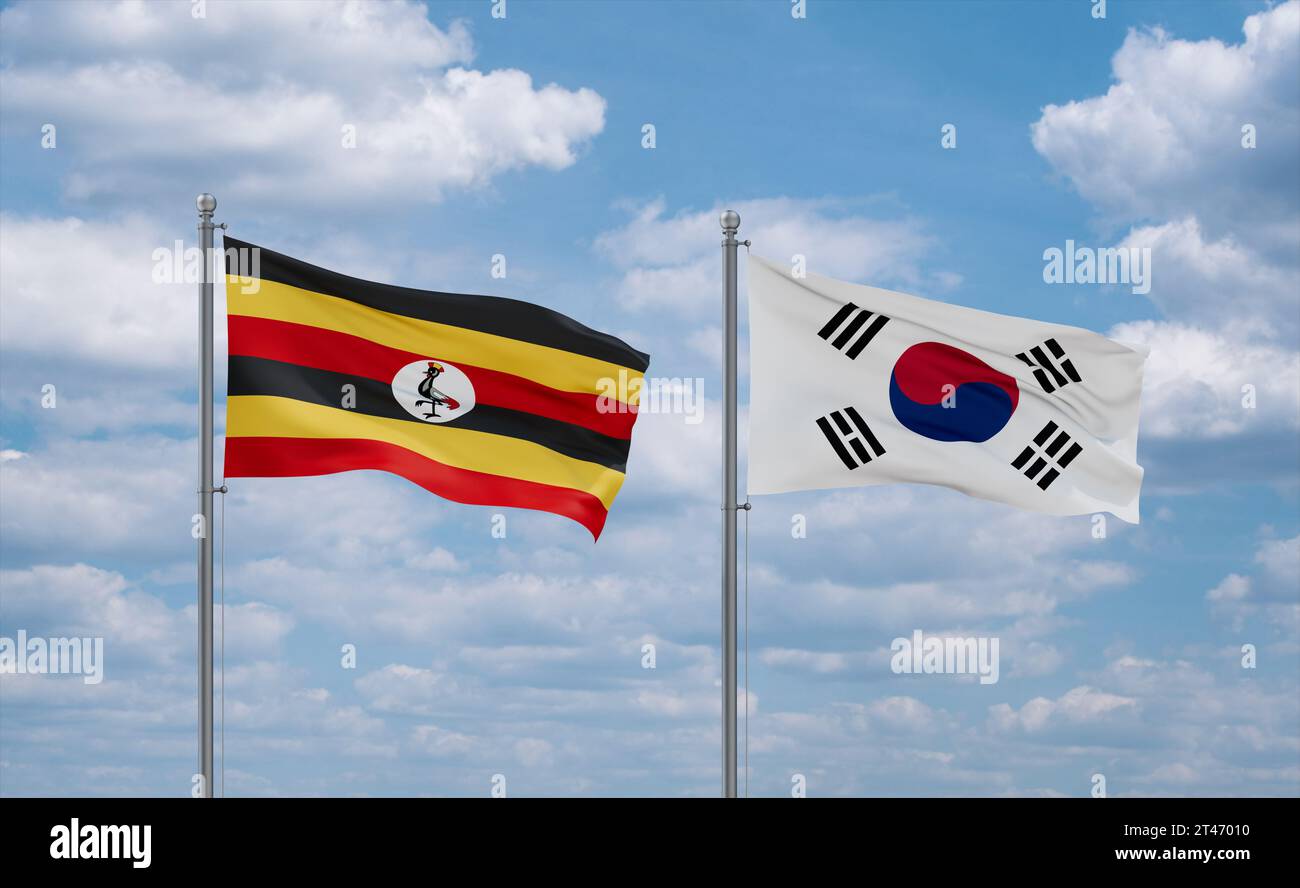 South Korea or Republic of Korea or ROK and Uganda flags waving ...