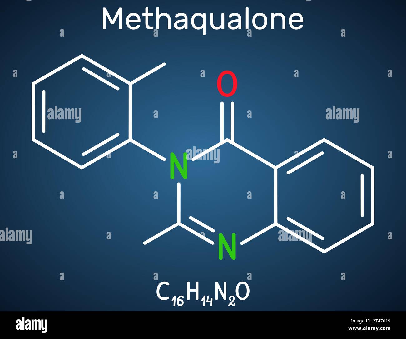 Methaqualone molecule. It is sedative, hypnotic drug, used to treat ...